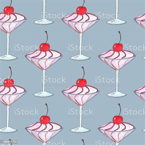 체리 크림 칵테일과 매끄러운 패턴 블루 핑크 배경에 달콤하고 크리미한 장식을위한 음식 과일 및 베리 테마 0명에 대한 스톡 벡터 아트 및 기타 이미지 Istock
