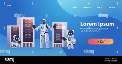 Robots In Server Room Big Cloud Data Analysis Artificial Intelligence Technology Concept Full