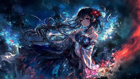 Anime Girl With Long Black Hair In A Dark Blue And Red Cosmic Scene