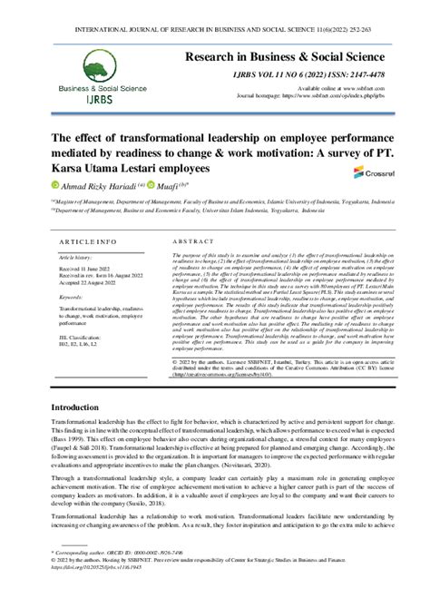 Pdf The Effect Of Transformational Leadership On Employee Performance Mediated By Readiness To