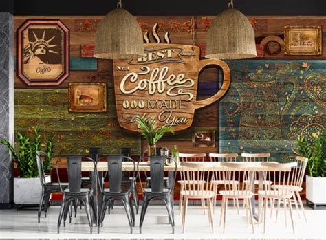 Vintage Wooden Texture Cafe Wallpaper With Handcrafted Art And Typography