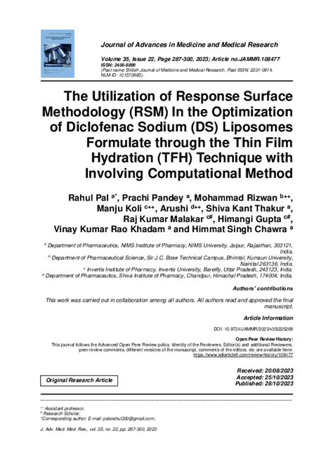 Pdf The Utilization Of Response Surface Methodology Rsm In The Optimization Of Diclofenac