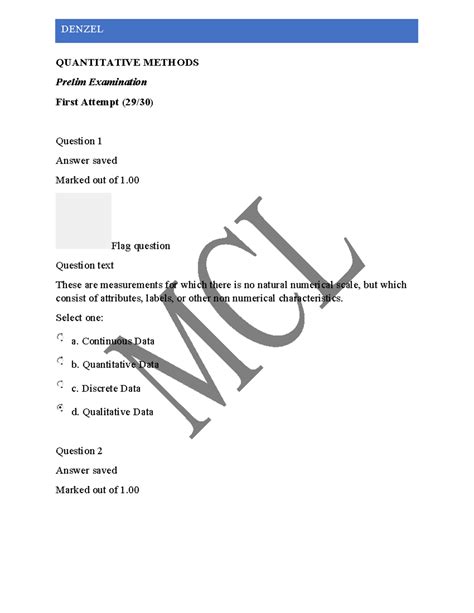 Quantitative Methods Prelims Quantitative Methods Prelim Examination First Attempt 29 30