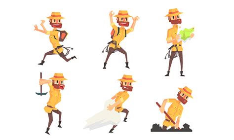 고고학자 과학자 만화 캐릭터 에서 다른 상황 세트 수염을 기고 한 남자 에 사파리 의상 벡터 일러스트 고고학자에 대한 스톡 벡터 아트 및 기타 이미지 Istock