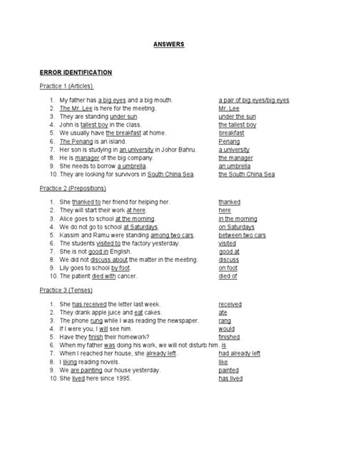Error Identification Practice Exercises Pdf Syntactic Relationships