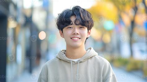 Smiling Korean Teenage Boy In Urban Street Setting For Social Media And