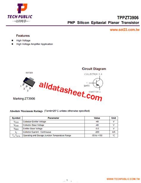 Zt3906 Marking Tppzt3906 Datasheet Pdf Tech Public Electronics Co Ltd