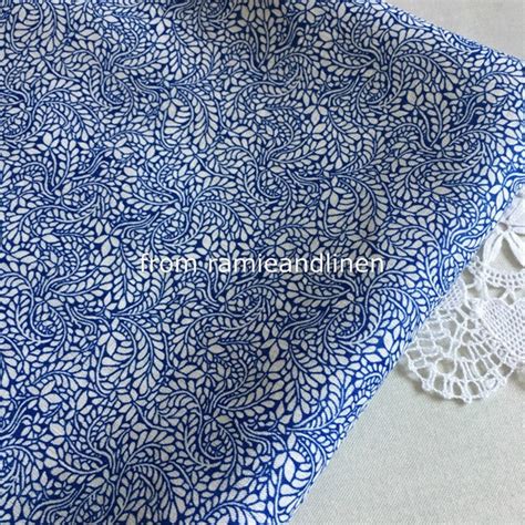 Japanese Linen Fabric Blue Scroll Grass Pattern Print Fine Etsy