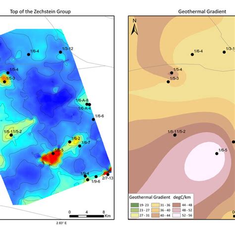 Maps Showing The Geothermal Gradient ̊c Km And The Top Of The Download Scientific Diagram