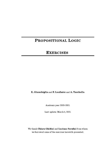 01 Propositional Logic Exercises Propositional Logic Exercises E