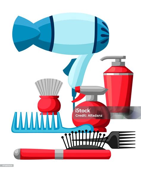 흰색 배경 미용 도구가 위 헤어 빗 병 고 튜브 헤어핀 벡터 일러스트 레이 션 전문 미용사 이 발사 장비 도구 모음 설정 가위에 대한 스톡 벡터 아트 및 기타 이미지