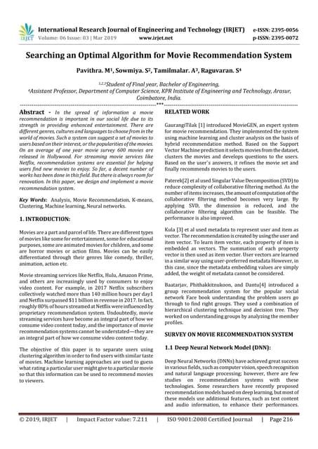 Irjet Searching An Optimal Algorithm For Movie Recommendation System Pdf