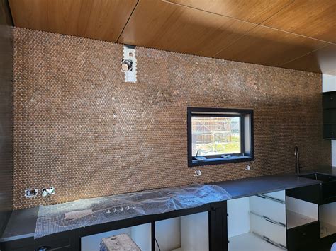 Stiled Penny Round Kitchen Splashback Ready To Be Grouted Facebook