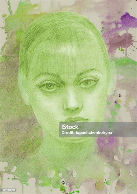 녹색 색상의 종이에 유색 흐르는 수채화 반점의 배경에 젊은 금발 여자의 일러스트 수채화 초상화 20 29세에 대한 스톡 벡터 아트 및 기타 이미지 Istock
