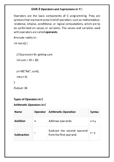 C Programming Operators And Expressions Unit 3 Notes Studocu