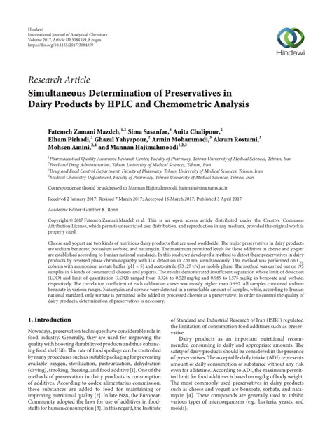 Pdf Simultaneous Determination Of Preservatives In Dairy Products By Hplc And Chemometric Analysis