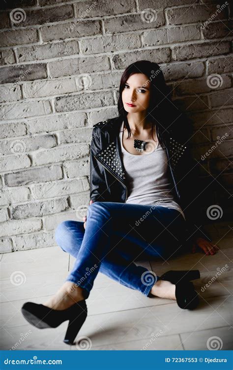 Young Brunette In Leather Jacket Stock Image Image Of Clothing