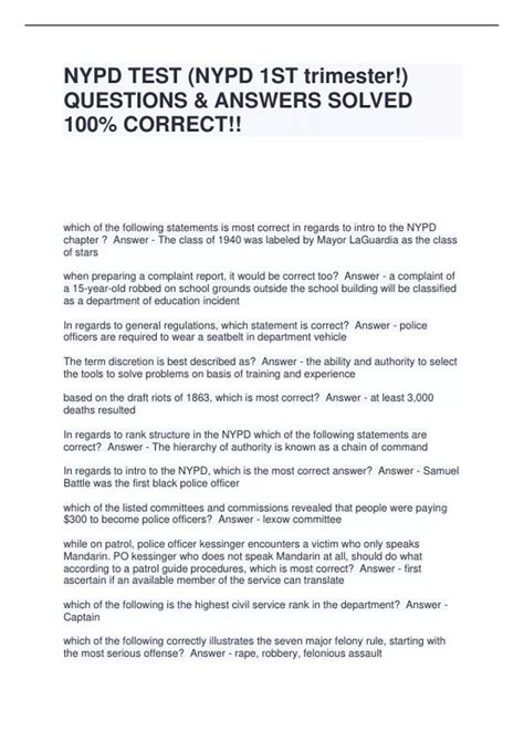Nypd Test Nypd 1st Trimester Questions And Answers Solved 100 Correct Nypd Stuvia Us