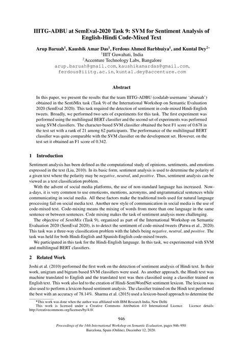 Pdf Iiitg Adbu At Semeval 2020 Task 9 Svm For Sentiment Analysis Of English Hindi Code Mixed Text