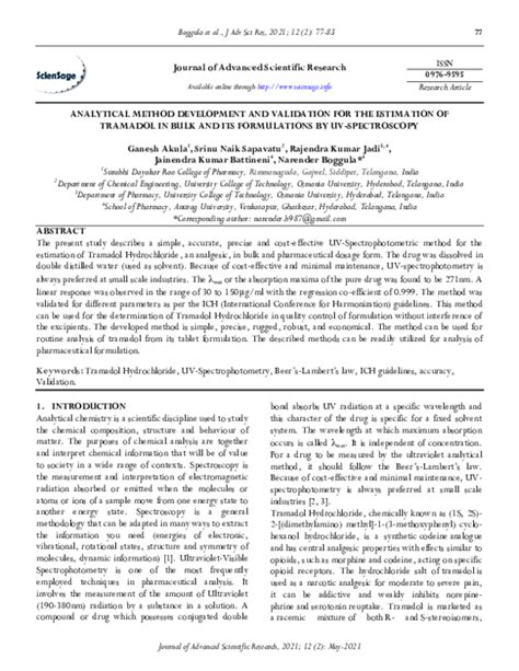 Pdf Analytical Method Development And Validation For The Estimation Of Tramadol In Bulk And