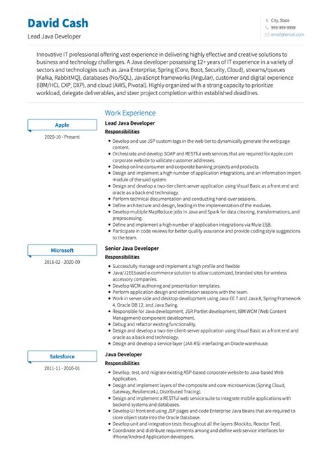 Java Developer CV Examples Templates VisualCV