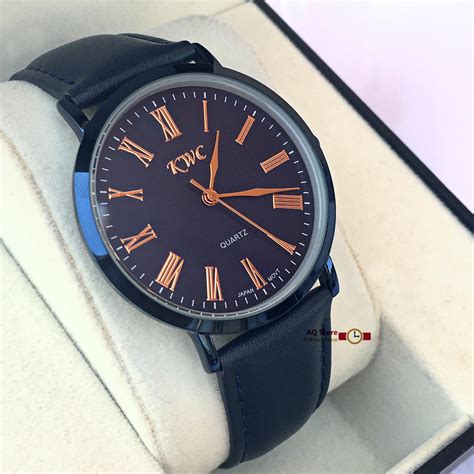 Blue Leather Strap Slim Golden Dial Kwc Stylish Waterproof Watch For