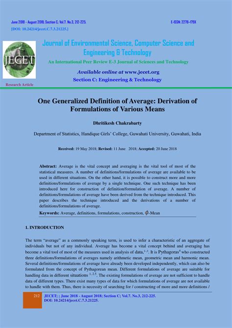 Pdf One Generalized Definition Of Average Derivation Of Formulations Of Various Means