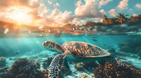 Premium Photo A Turtle Swims Past A Coral Reef With The Sun Setting