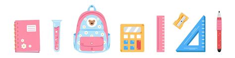 Vector Back To School Set Cute Pink Collection Of School Supplies For