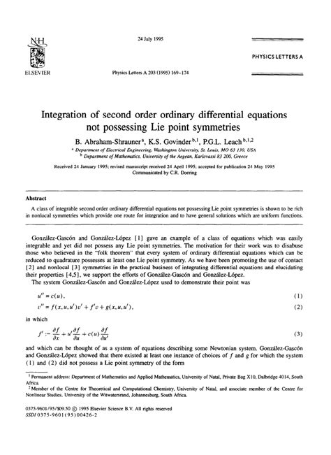 Pdf A Group Theoretic Approach To A Class Of Second Order Ordinary