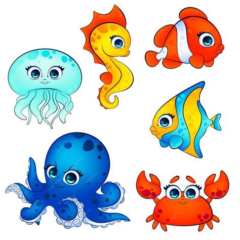Premium Vector Cute Underwater World Characters Vector Clip Art Set
