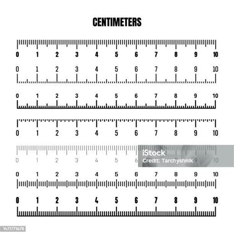 길이 또는 높이를 측정하기위한 사실적인 검은 센티미터 스케일 분할이 있는 다양한 측정 스케일 눈금자 테이프 측정 표시 크기 표시기 벡터 일러스트 레이 션 0명에 대한 스톡