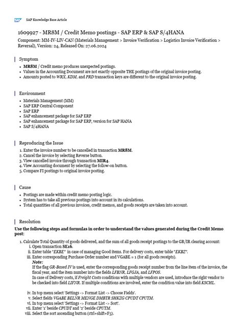 Mr8m Or Credit Memo Postings Sap Erp And Sap S4hana Pdf Receipt