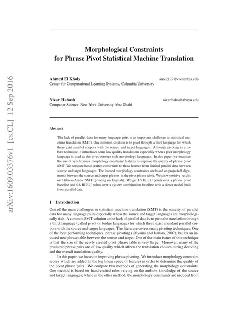 Pdf Morphological Constraints For Phrase Pivot Statistical Machine Translation