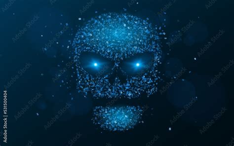 hacking system an abstract luminous skull of blue color from a binary