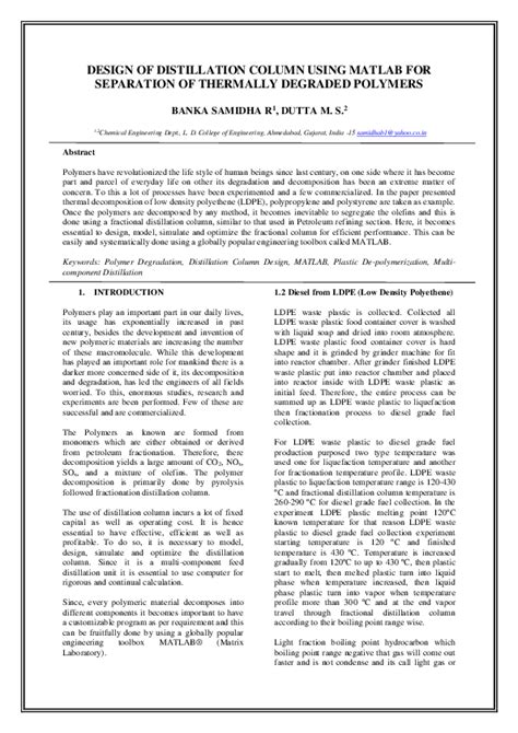 Pdf Design Of Distillation Column Using Matlab For Separation Of