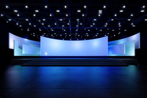 모형 및 기업 아이덴티티를 위한 빈 스테이지 디자인 Hall의 Displayplatform 요소 그래픽 리소스scene 이벤트에 대한 빈 화면 시스템은 야간 조명 스테이징