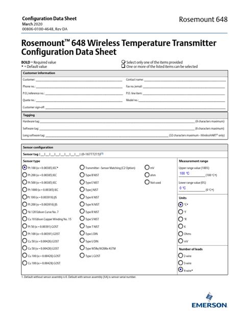 Configuration Data Sheet Rosemount 648 Wireless Temperature Transmitter En 73968 Pdf