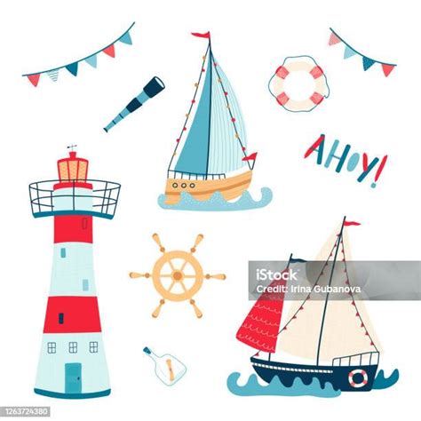 요트 등대 구명 부표 망원경 흰색 배경에 고립 된 스티어링 휠이있는 귀여운 바다 컬렉션 어린이 방과 직물의 디자인을위한 일러스트 레이션 세트 벡터 범선 레크리에이션 선박에