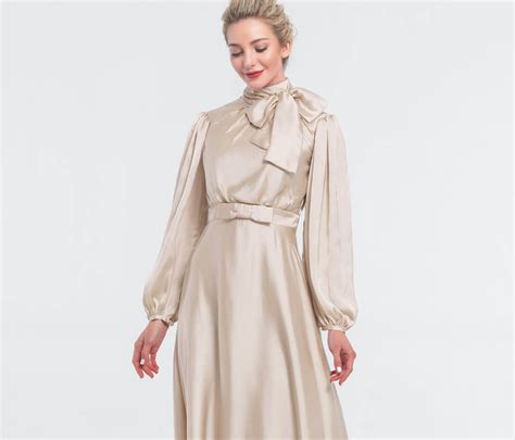 Modest Mormon Champagne Satin Bridesmaid Dresses Long Sleeves Edresstore
