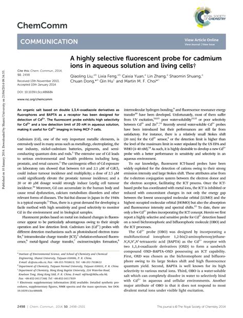 Pdf A Highly Selective Fluorescent Probe For Cadmium Ions In Aqueous Solution And Living Cells