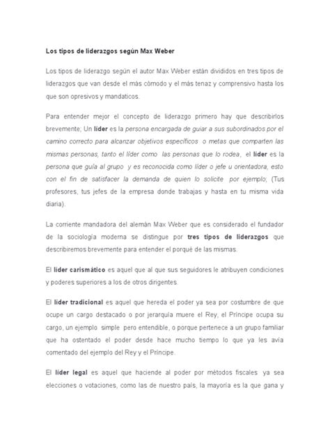 Los Tipos De Liderazgos Según Max Weber Pdf Max Weber Liderazgo