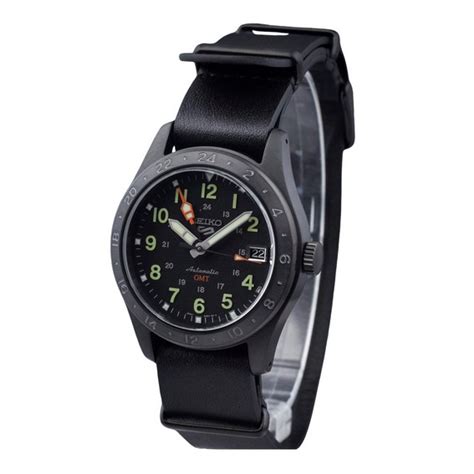 Seiko 5 Sports Gmt Field Series Leather Strap Black Dial Automatic