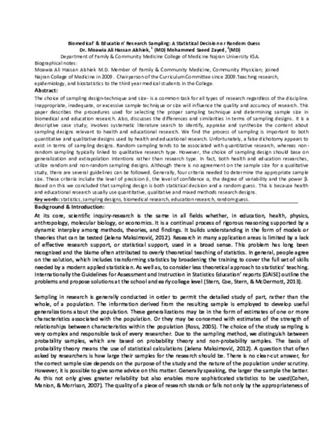 Pdf Biomedical And Education Research Sampling A Statistical Decision Or Random Guess