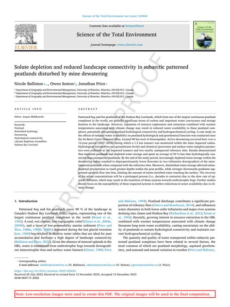 Pdf Solute Depletion And Reduced Landscape Connectivity In Subarctic Patterned Peatlands