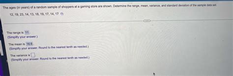 Variance Standard Deviationthe Ages In Years Of A Random Sample Of