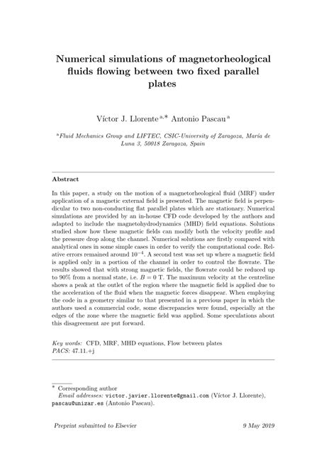Pdf Numerical Simulations Of Magnetorheological Fluids Flowing Between Two Fixed Parallel Plates