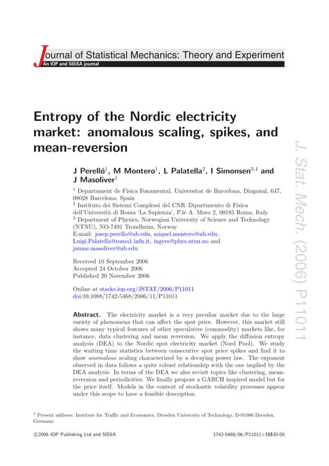 Pdf Entropy Of The Nordic Electricity Market Anomalous Scaling Spikes And Mean Reversion