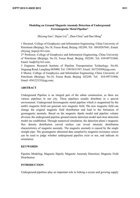 Pdf Modeling On Ground Magnetic Anomaly Detection Of Underground Ferromagnetic Metal Pipeline