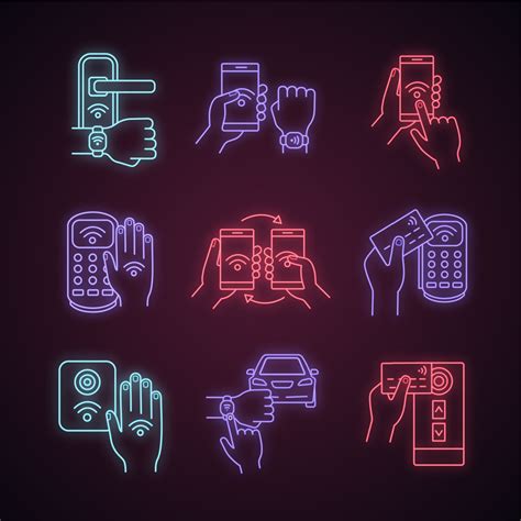Nfc Technology Neon Light Icons Set Nfc Bracelet Door Lock Data